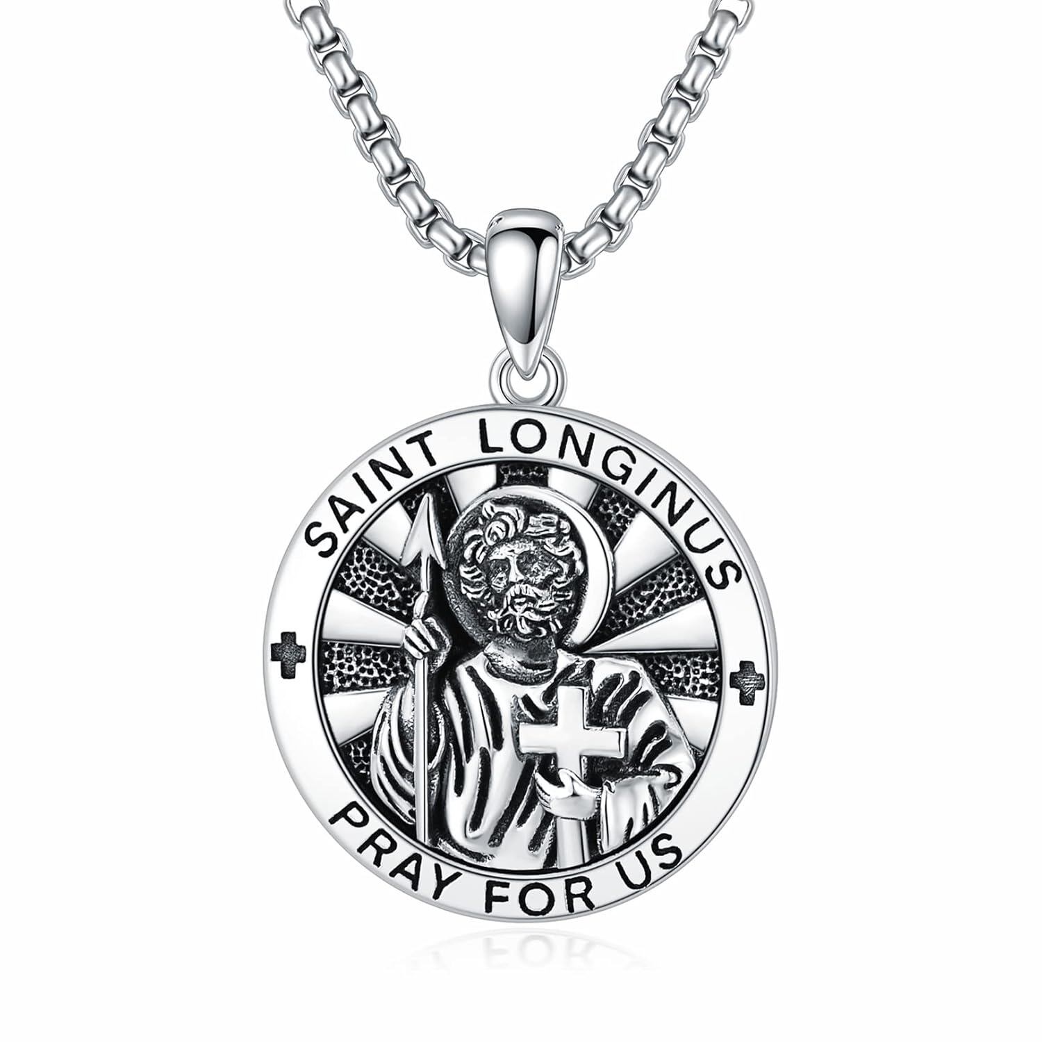 Wholesale 925 Sterling Silver St Longinus Pray for Us Cross Medal Necklace